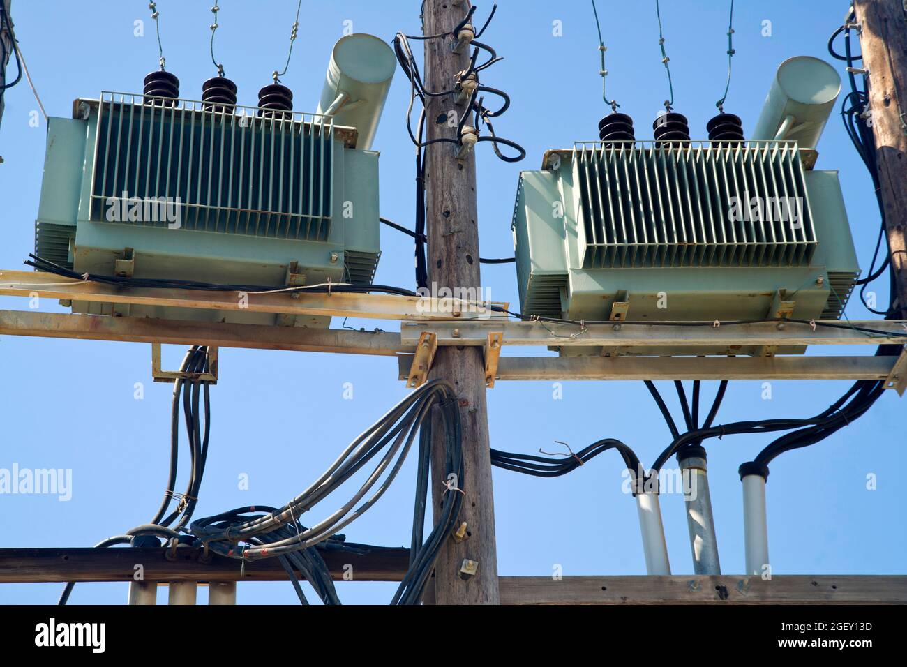 Old electric transformers for energy transportation in the city Stock ...