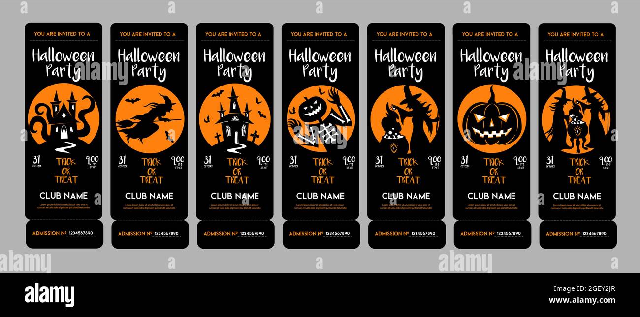 Halloween invitation tickets set. Vector ticket design template for ...