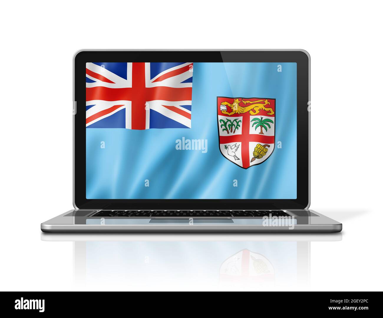 Fiji flag on laptop screen isolated on white. 3D illustration render ...