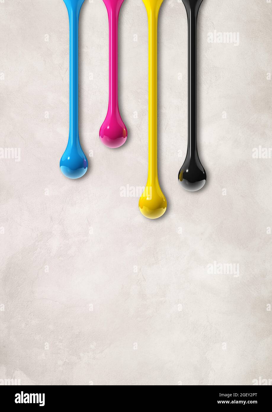 3D cmyk ink drops isolated on white concrete background. Illustration ...
