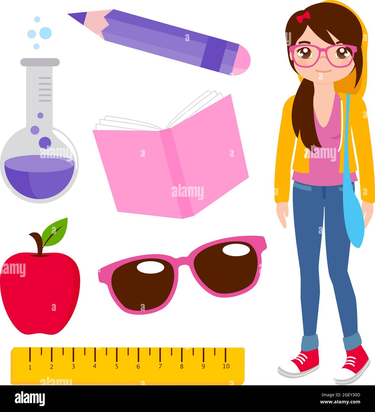 Student girl and set of school objects. Vector illustration Stock ...