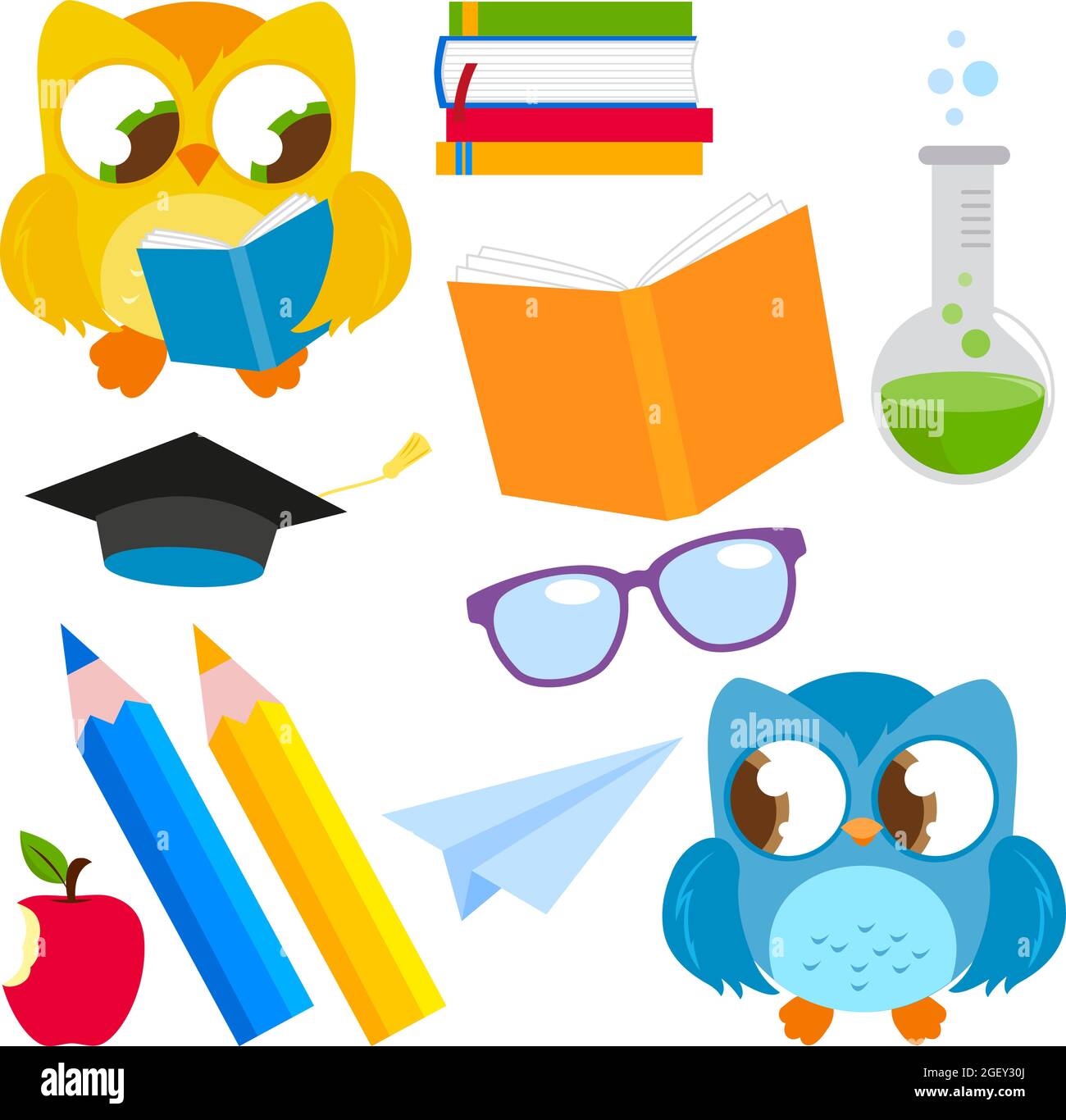 School objects and cute student owls. Vector illustration set Stock ...
