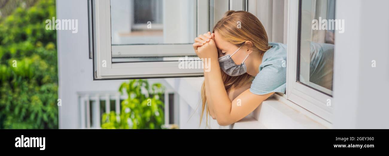 BANNER, LONG FORMAT Extremly tired woman looking out the window, home ...