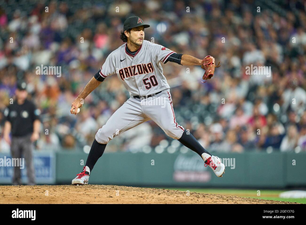August 21 2021: Arizona pitcher Noe Ramirez (50) throws a pitch field ...