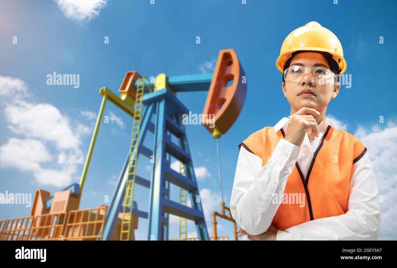 Oil rig engineer or technician wear safety helmet and reflective vest ...