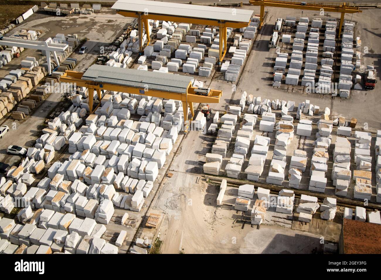 Aerial view of an area used as a marble warehouse awaiting processing ...