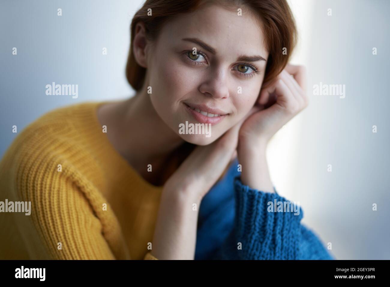 woman attractive look with a blue plaid rest Lifestyle Stock Photo - Alamy