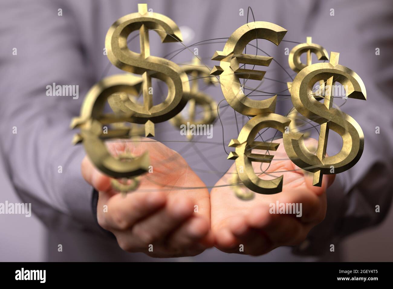 A business concept with floating currency symbols in hands Stock Photo ...