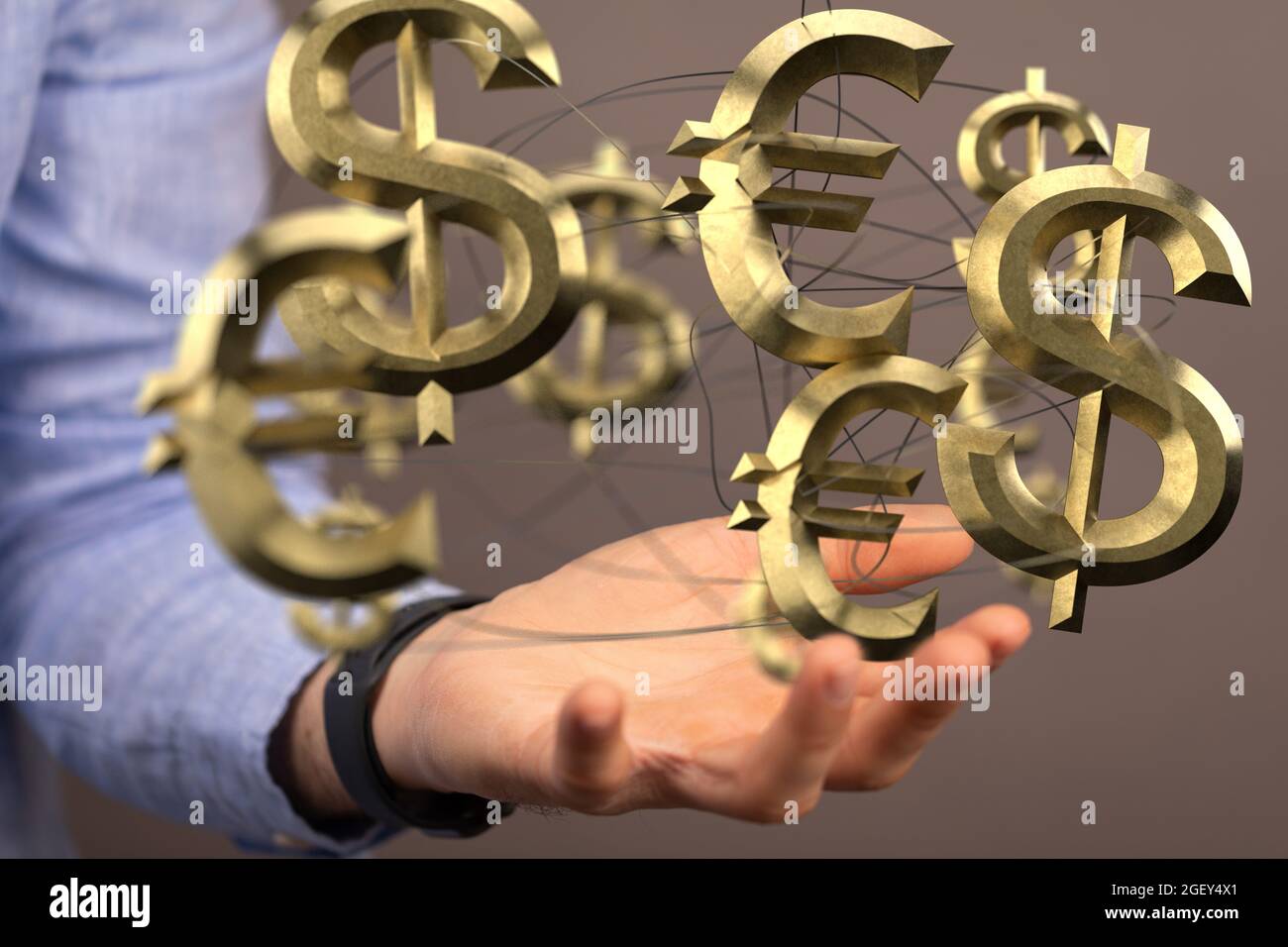 A business concept with floating currency symbols on a hand Stock Photo ...