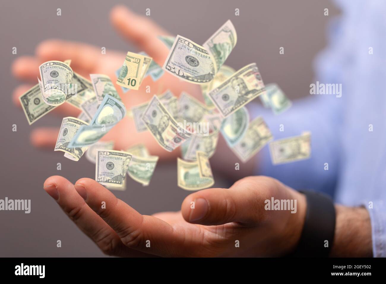 A digital illustration of floating dollar banknotes in hands Stock ...