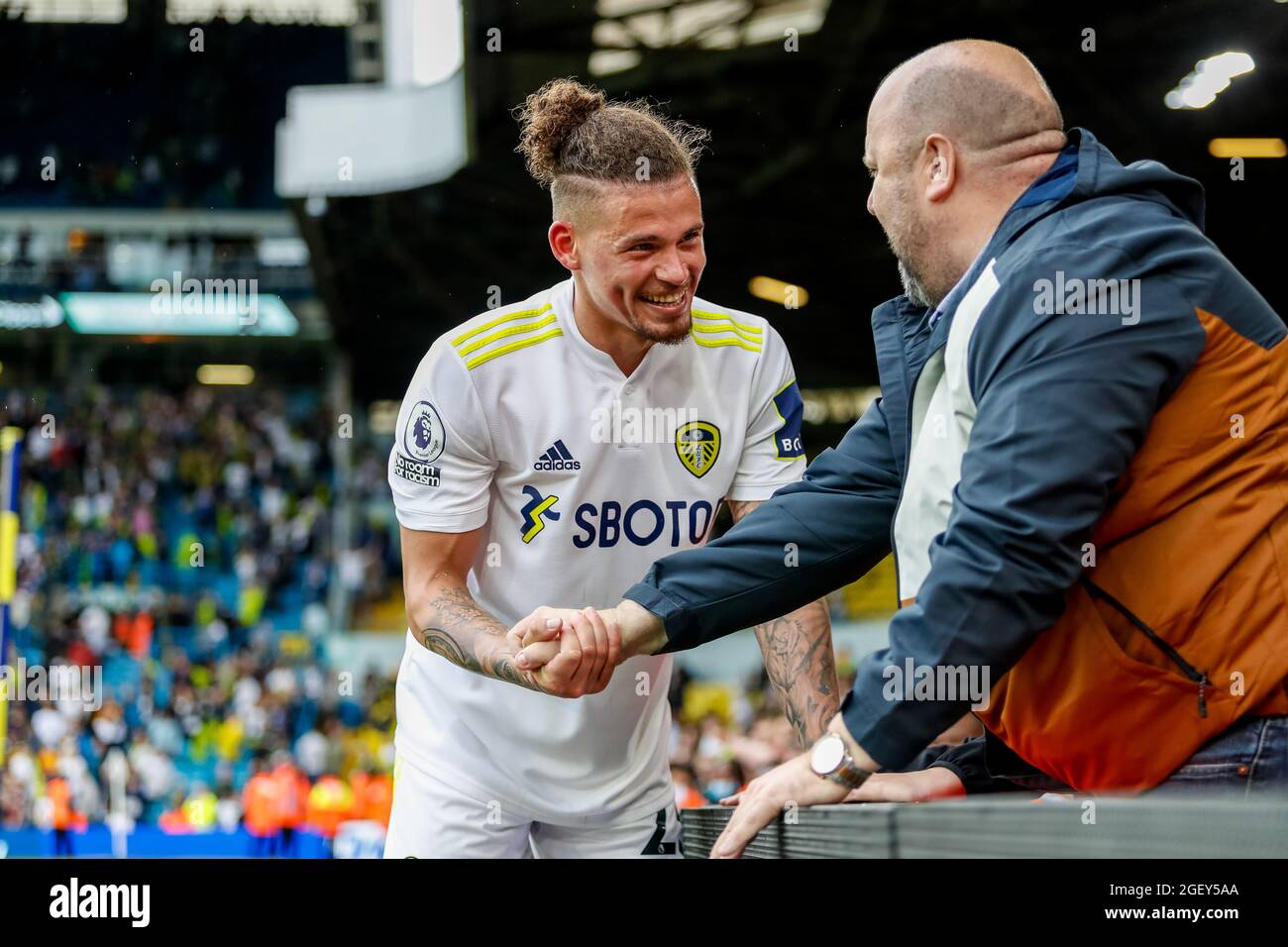 Kalvin Phillips #23 of Leeds United bumps fists with a fav Stock Photo ...