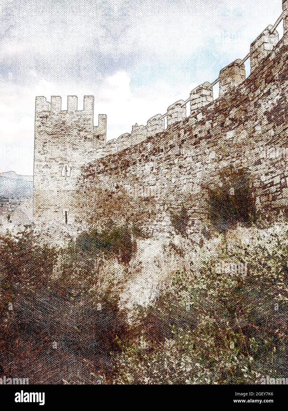 An ancient fortress against the sky. Medieval fortification wall with ...