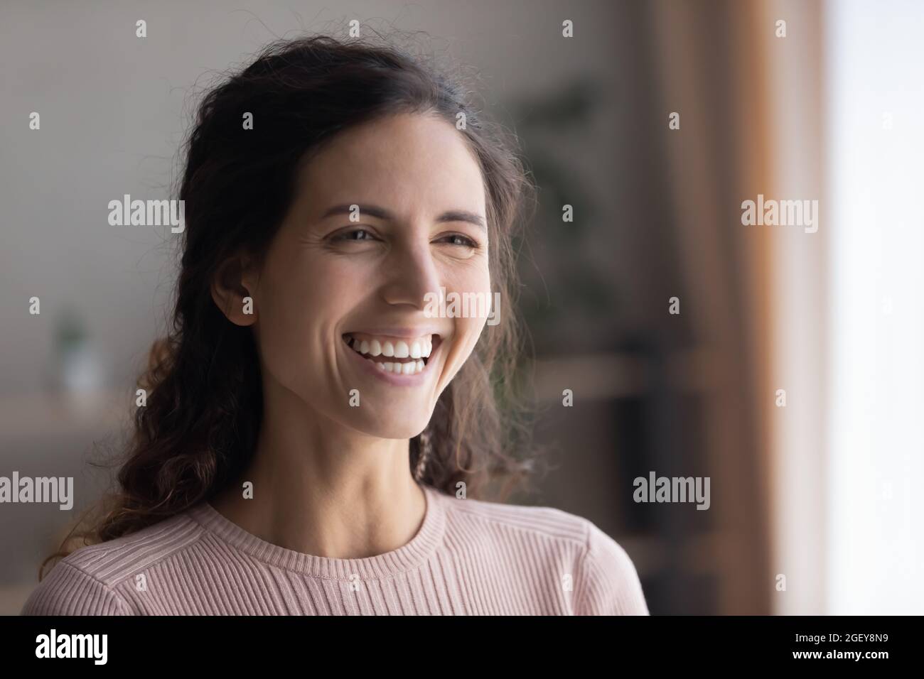 Closeup Portrait Laughing Latina Woman With White Toothy Smile Stock