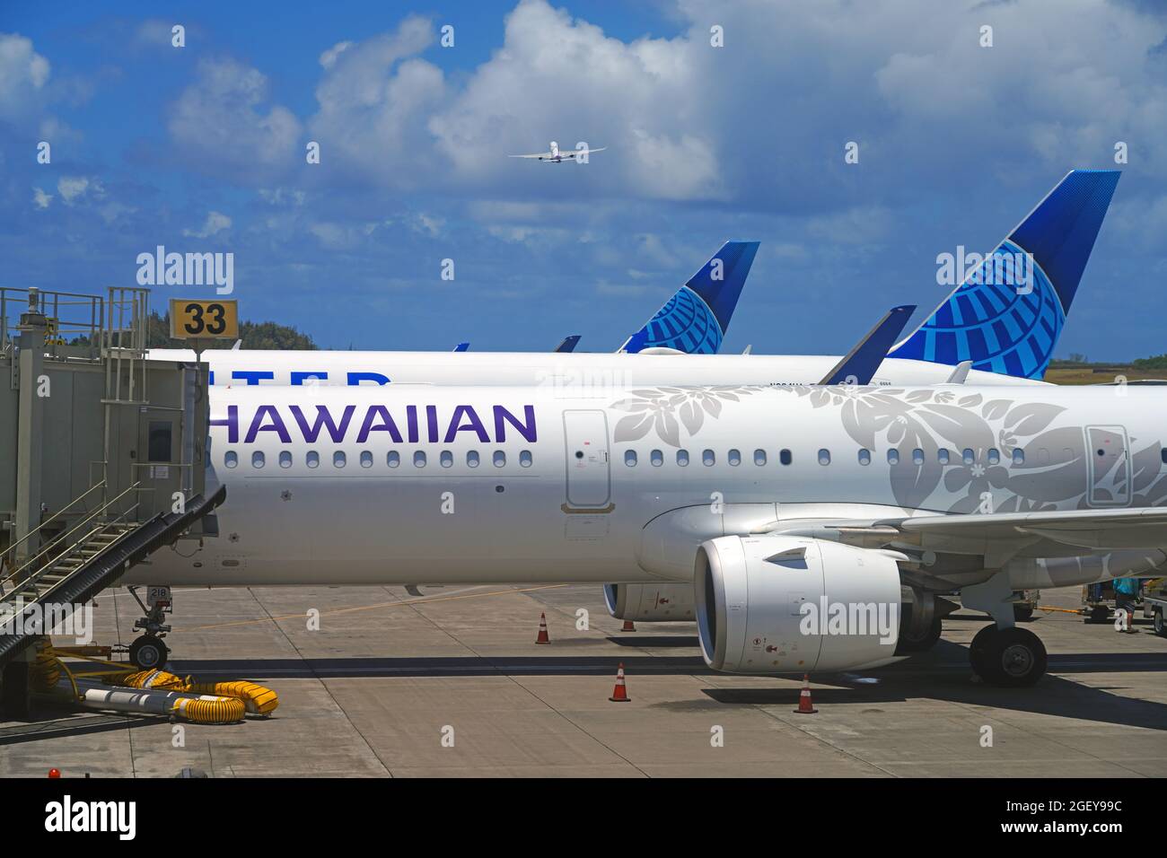 KAHULUI, HI -18 MAY 2021- View of an airplane from Hawaiian Airlines ...