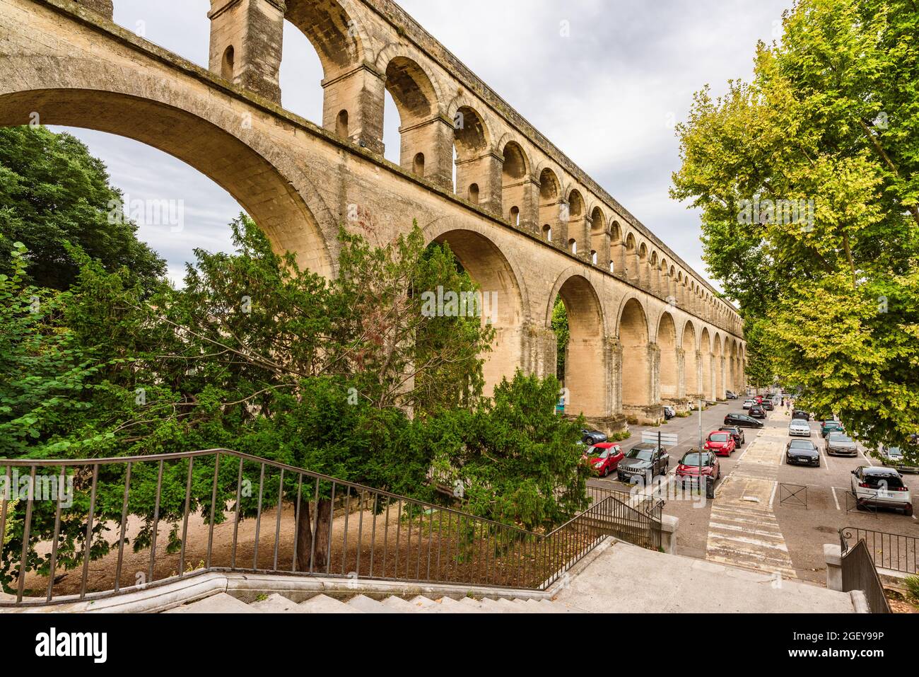 Montpellier, France, August 5, 2021. Low angle view of Aqueduct de ...