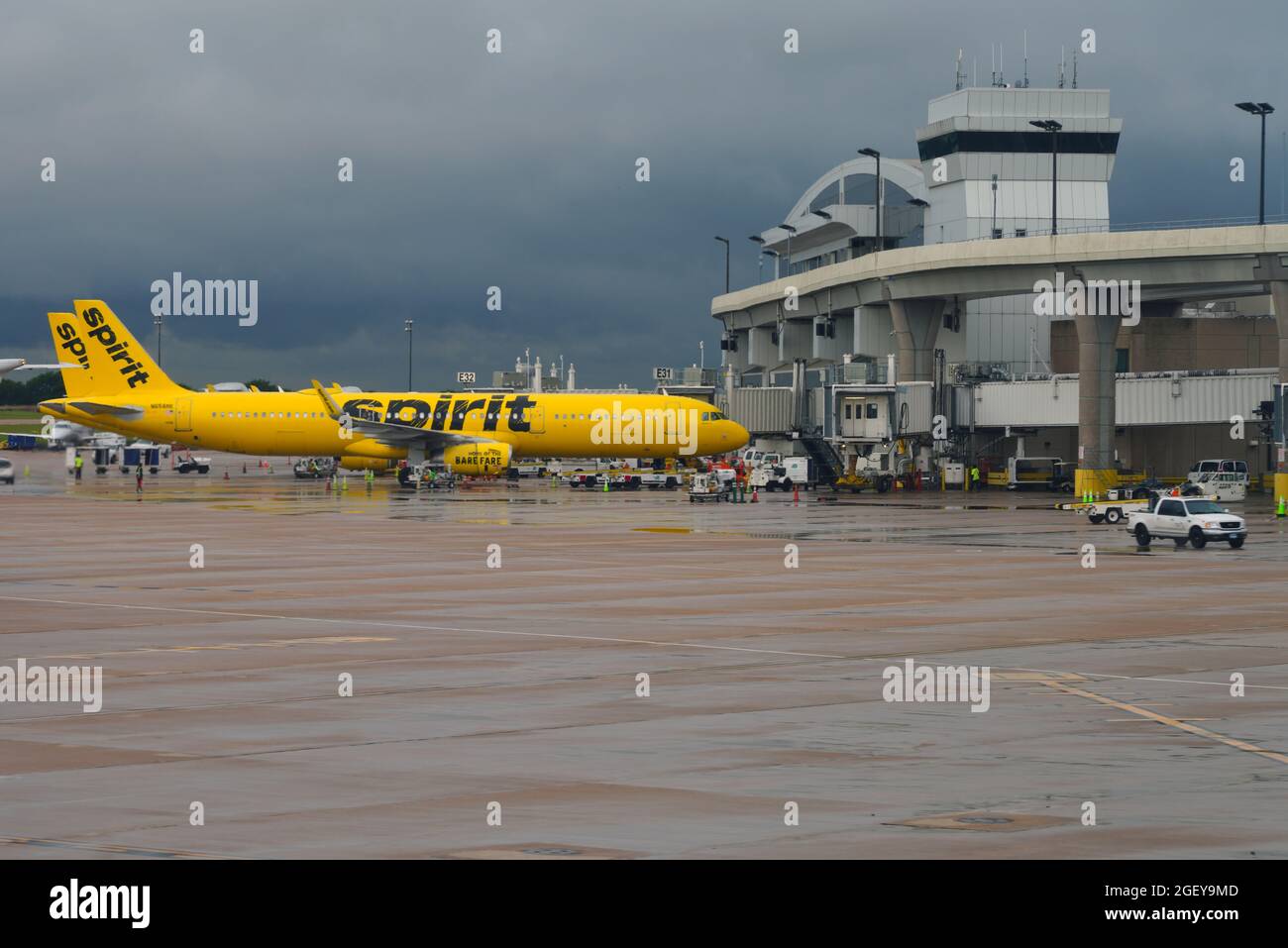 DALLAS, TX -18 MAY 2021- View of yellow airplanes from low-cost Spirit ...