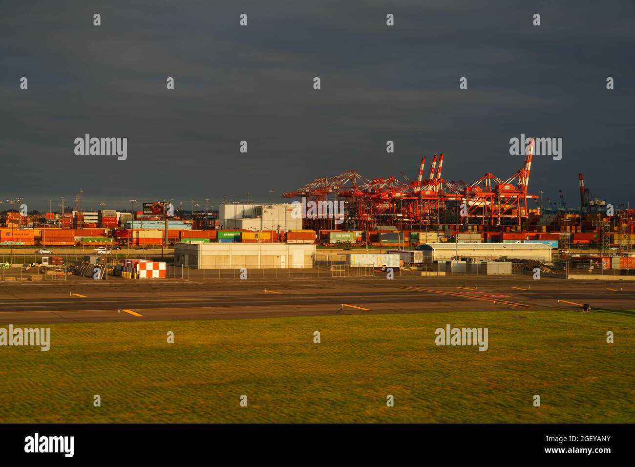 NEWARK, NJ -12 JUN 2021- Aerial view of colorful shipping containers ...