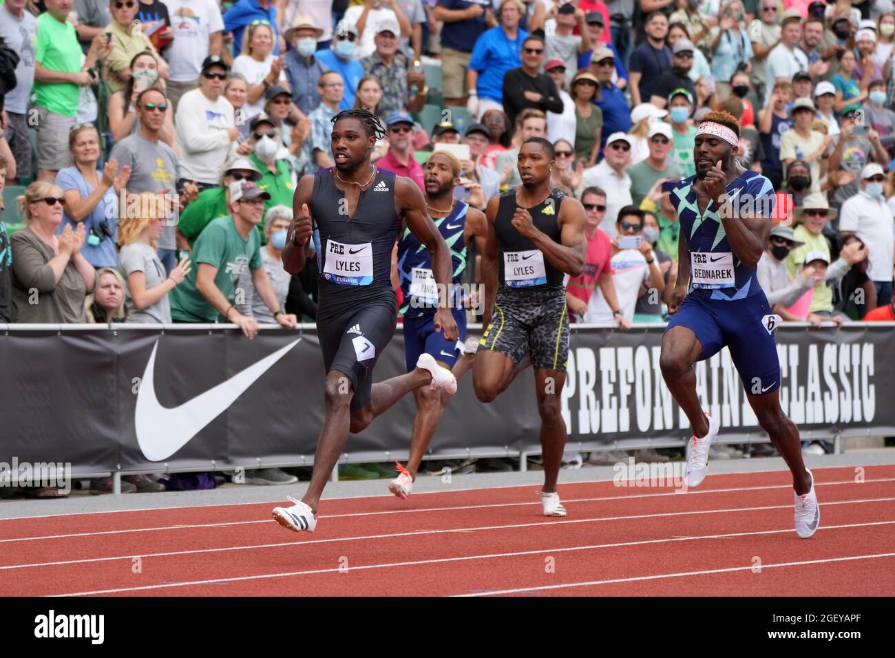 Noah Lyles (USA) defeats Kenny Bednarek (USA) and Josephus Lyles (USA ...