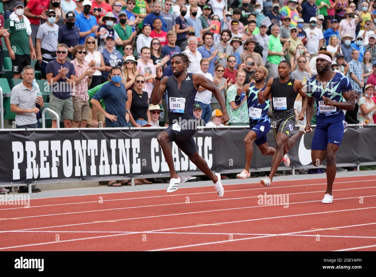 Noah Lyles (USA) defeats Kenny Bednarek (USA) and Josephus Lyles (USA ...