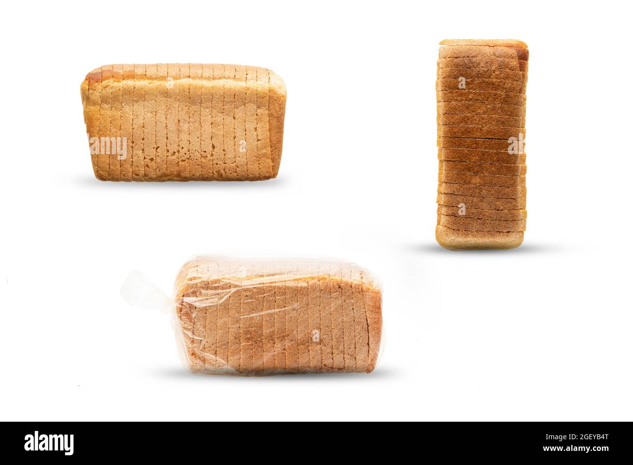 Three loaf of delicious sliced white bread, taken from different angles ...