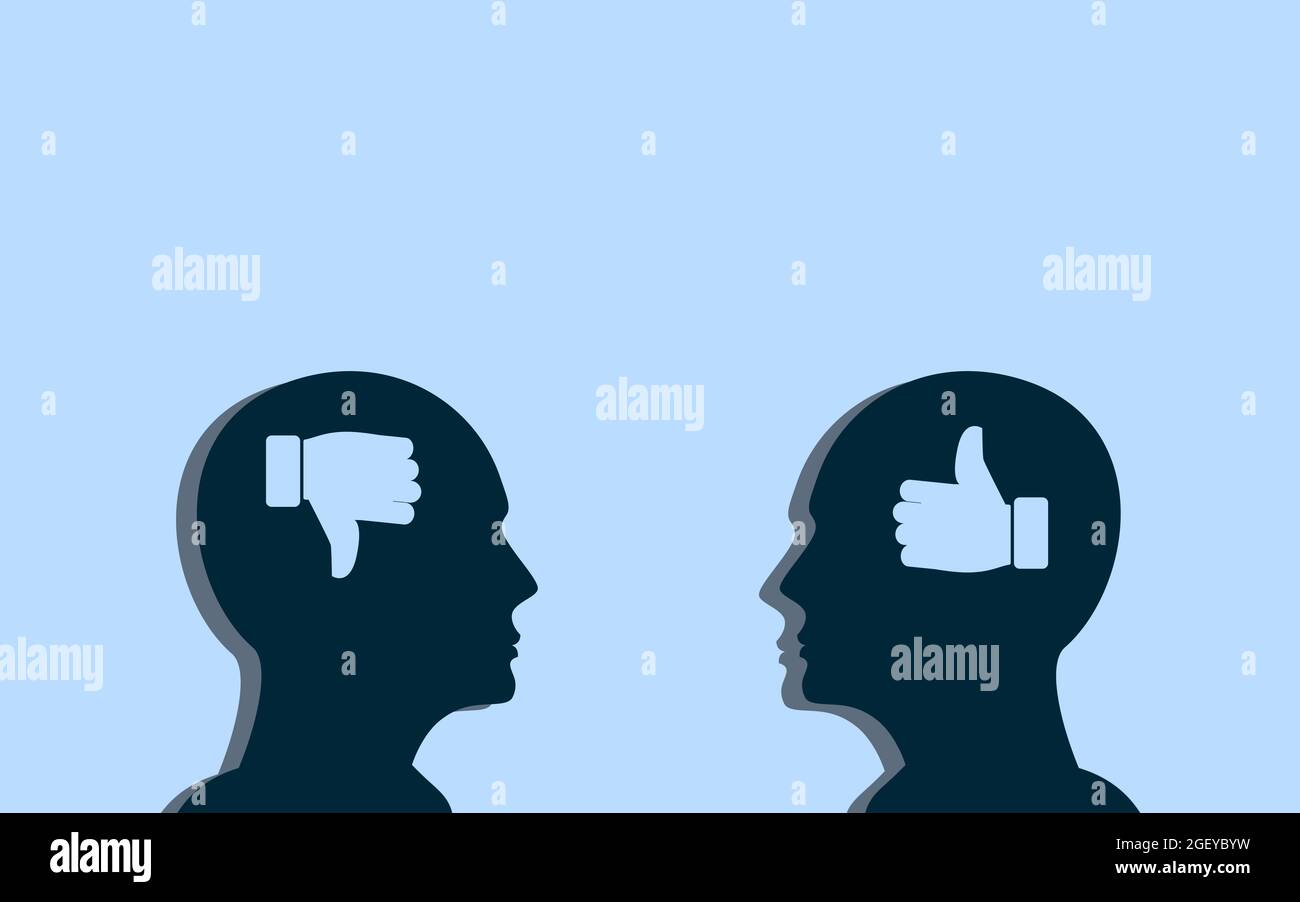 i like you or i dislike you. Two human Head face to face with symbols ...