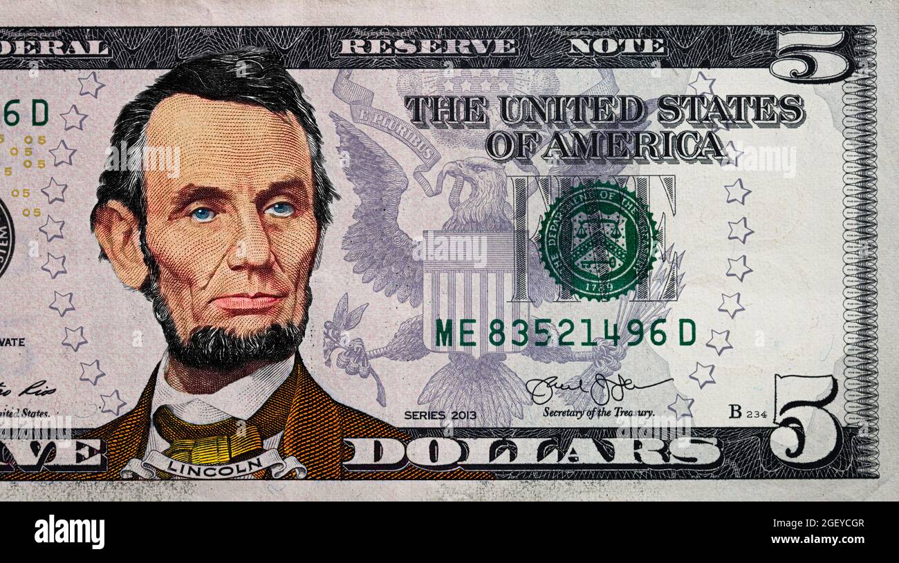 fragment of colorized 5 dollar bill for design purpose Stock Photo - Alamy