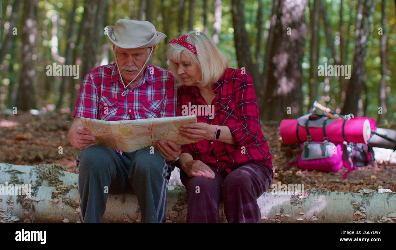 Senior married man woman lost in wood, searching way back, tourists ...