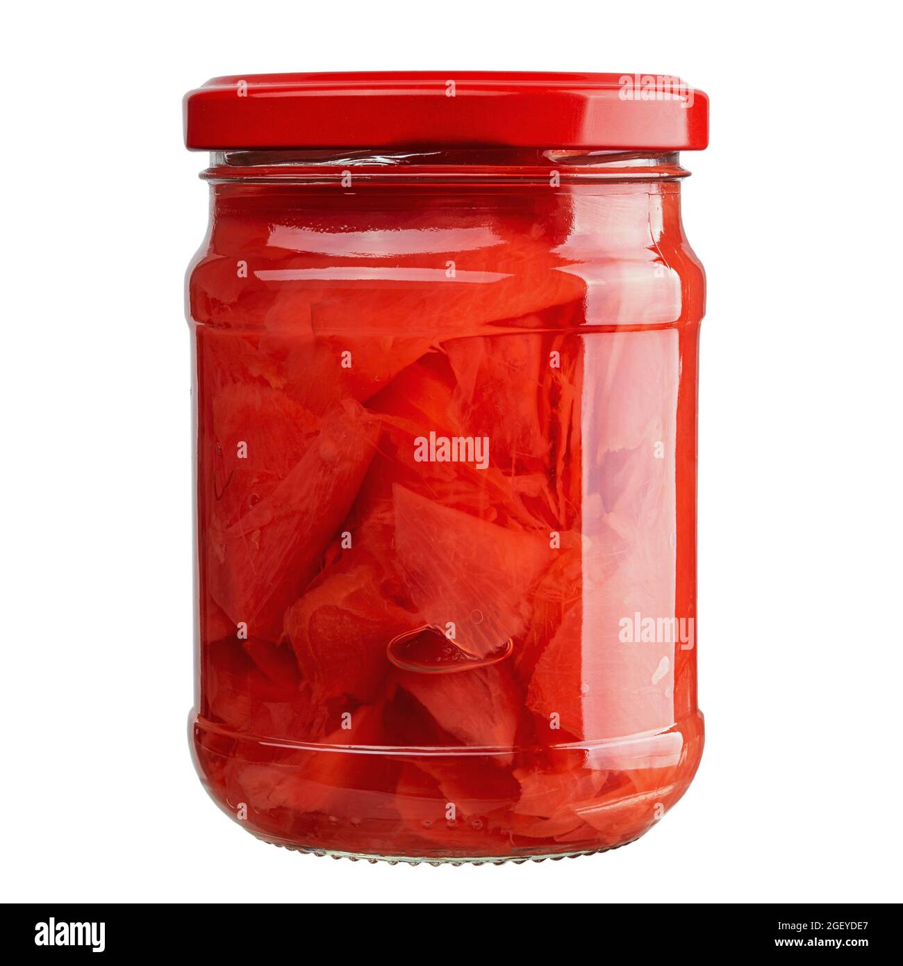 Pickled ginger in a glass jar close up isolated on white background ...