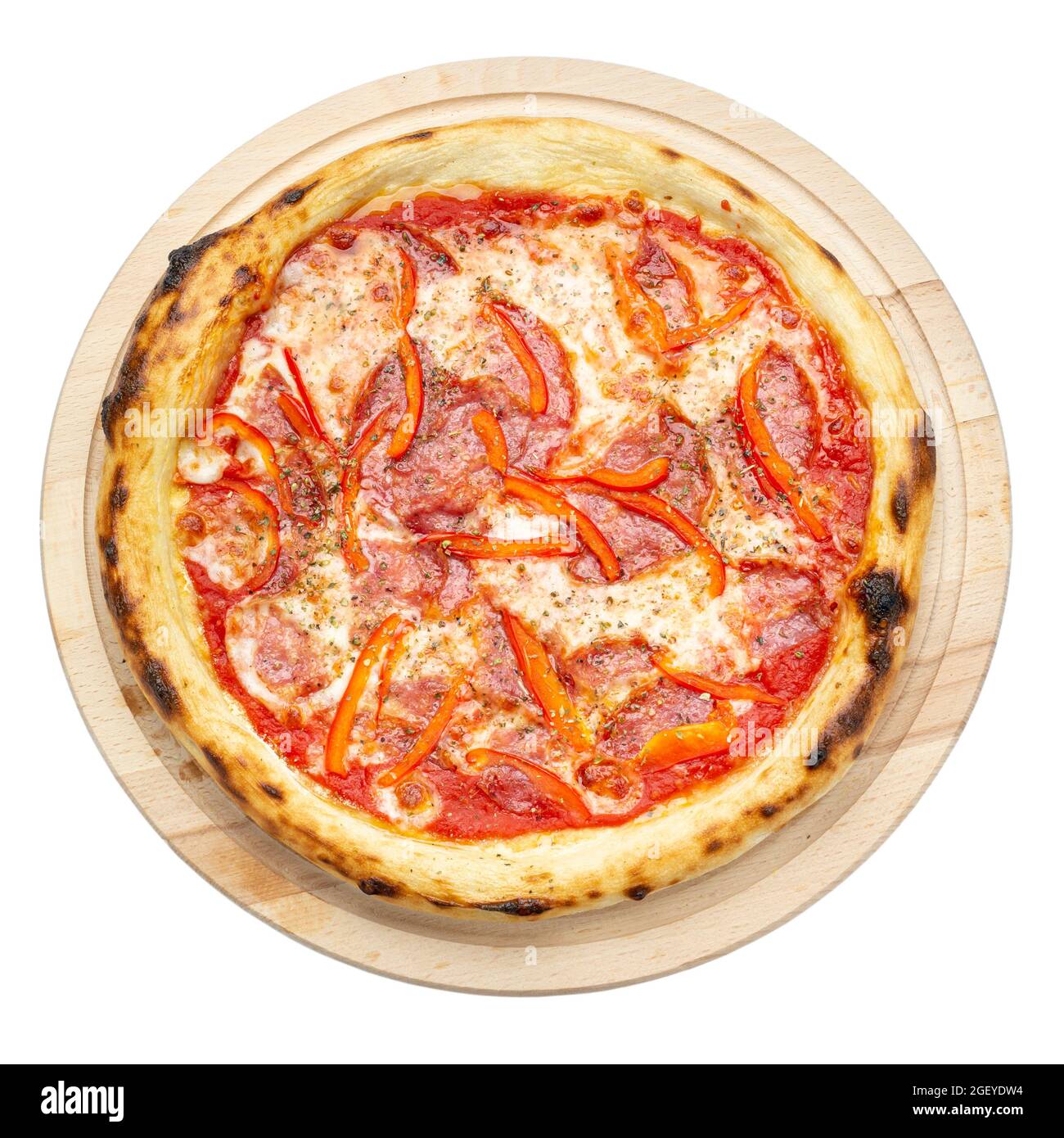 Delicious pizza served on wooden plate isolated on white background ...