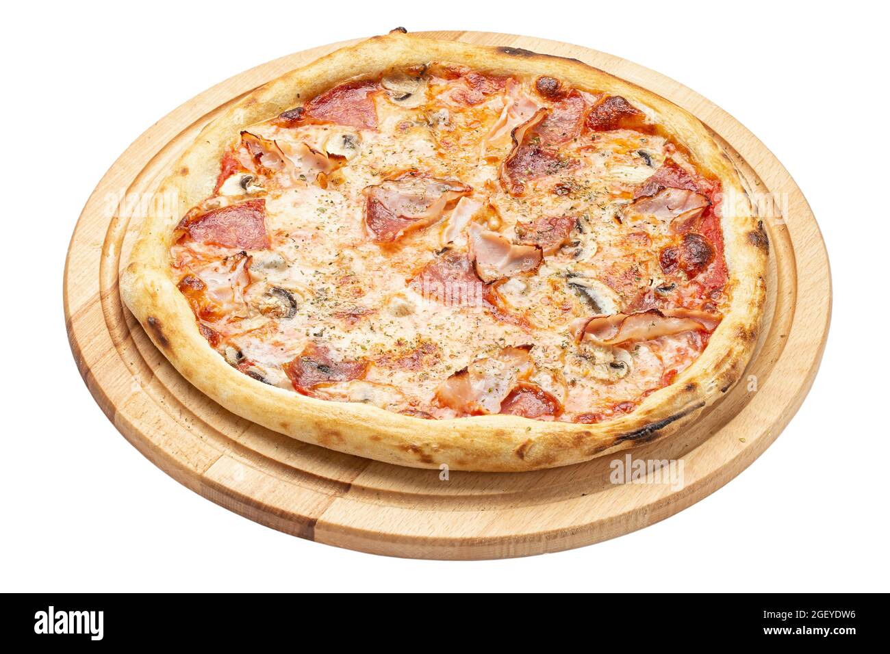 Delicious pizza served on wooden plate isolated on white background ...