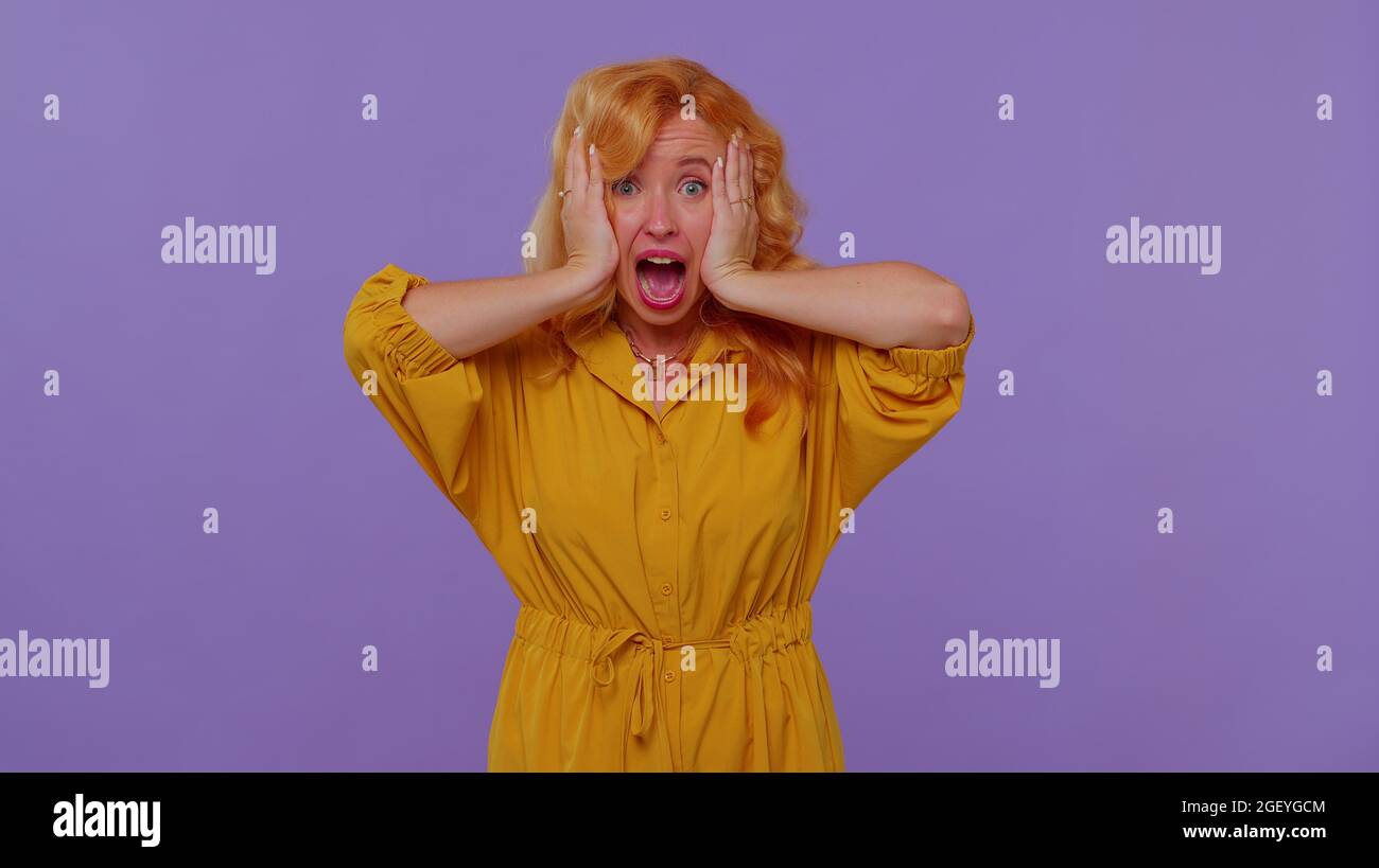 Scared girl screams from stress tension problems feels horror ...