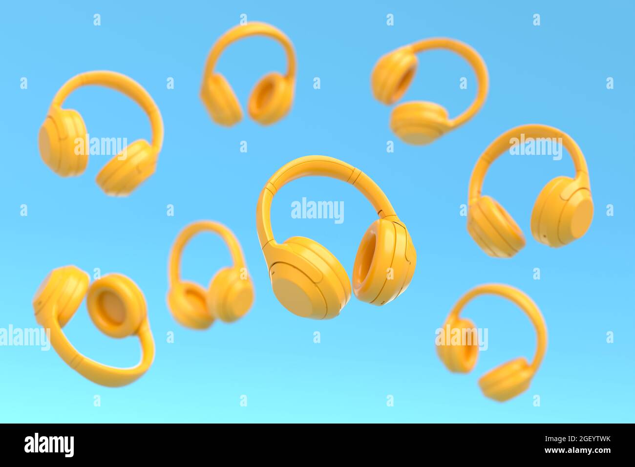 Flying gamer headphones or headset on blue and yellow background. 3d ...