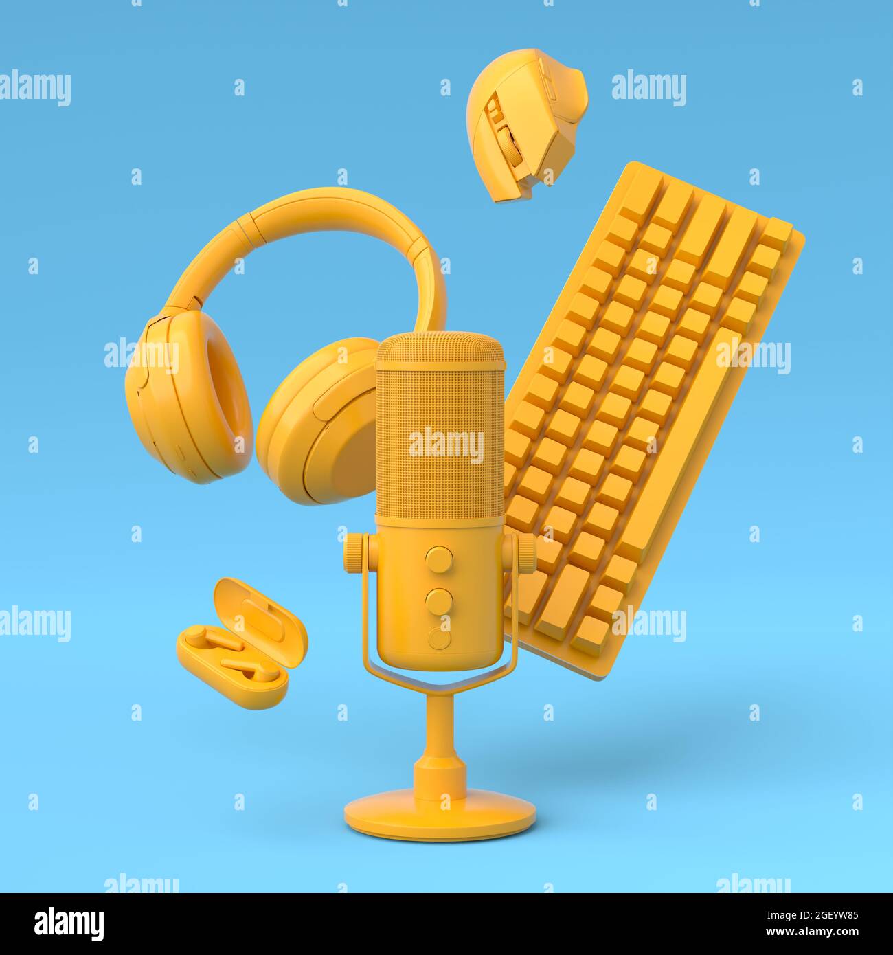 Flying gamer gears like mouse, keyboard, joystick, headset, VR ...