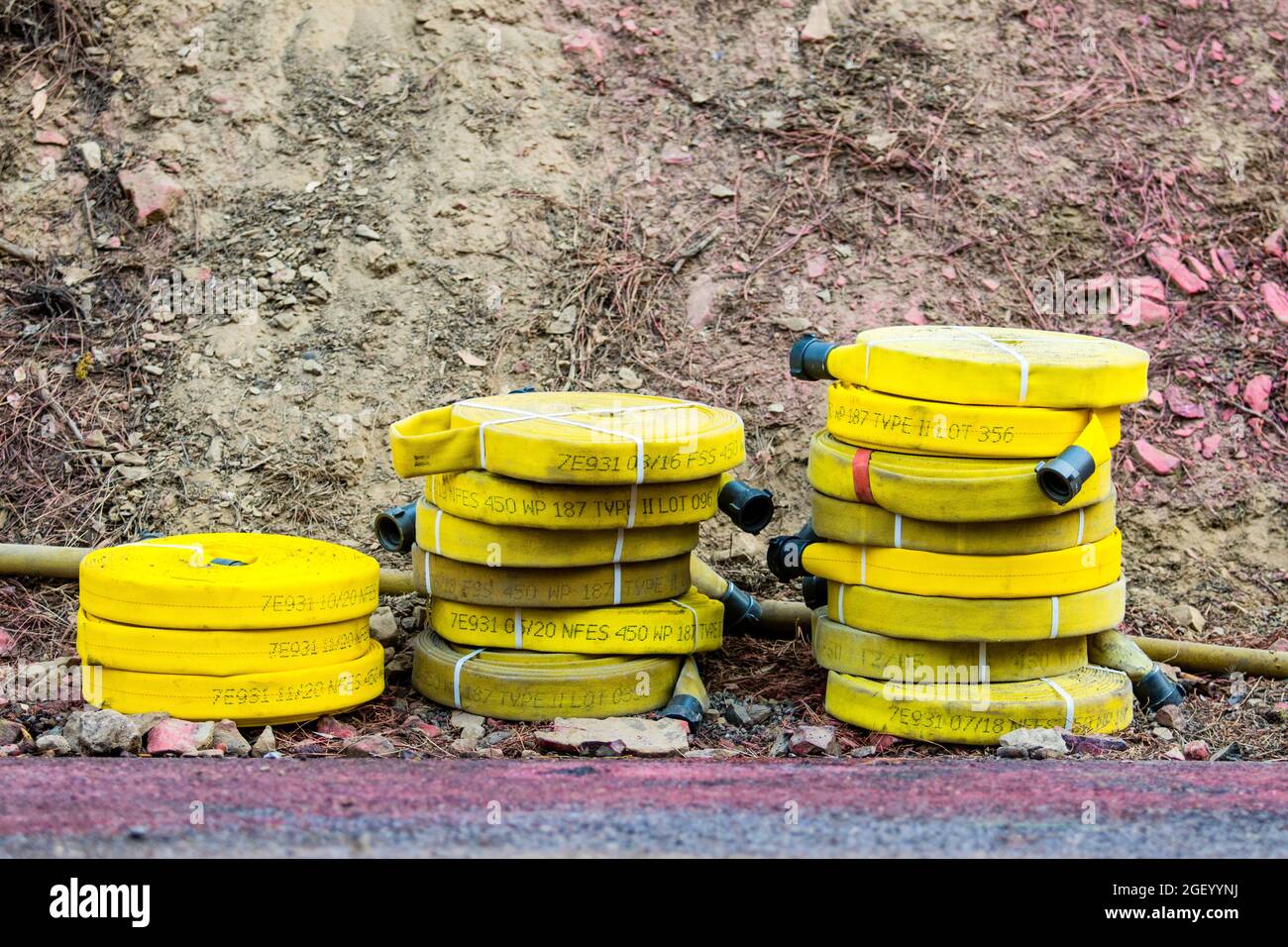 Spare fire hoses seen by the side of the road. The Dixie fire continues ...