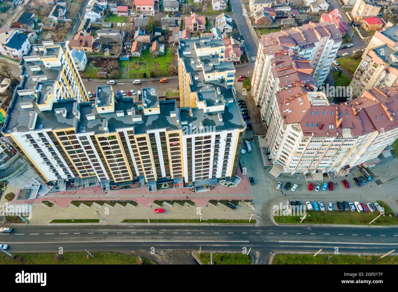 High rise apartment buildings and streets with traffic in city ...