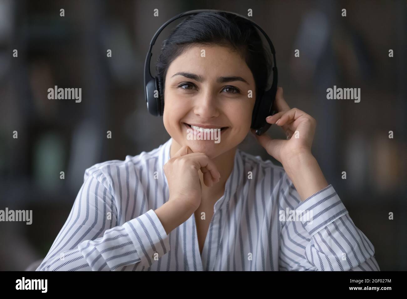 Headshot portrait of smiling Indian woman talk on webcam call Stock ...