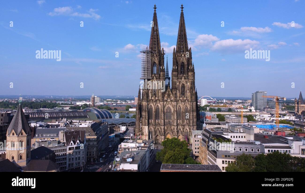 Cologne Cathedral - the iconic church in the city center - aerial view ...