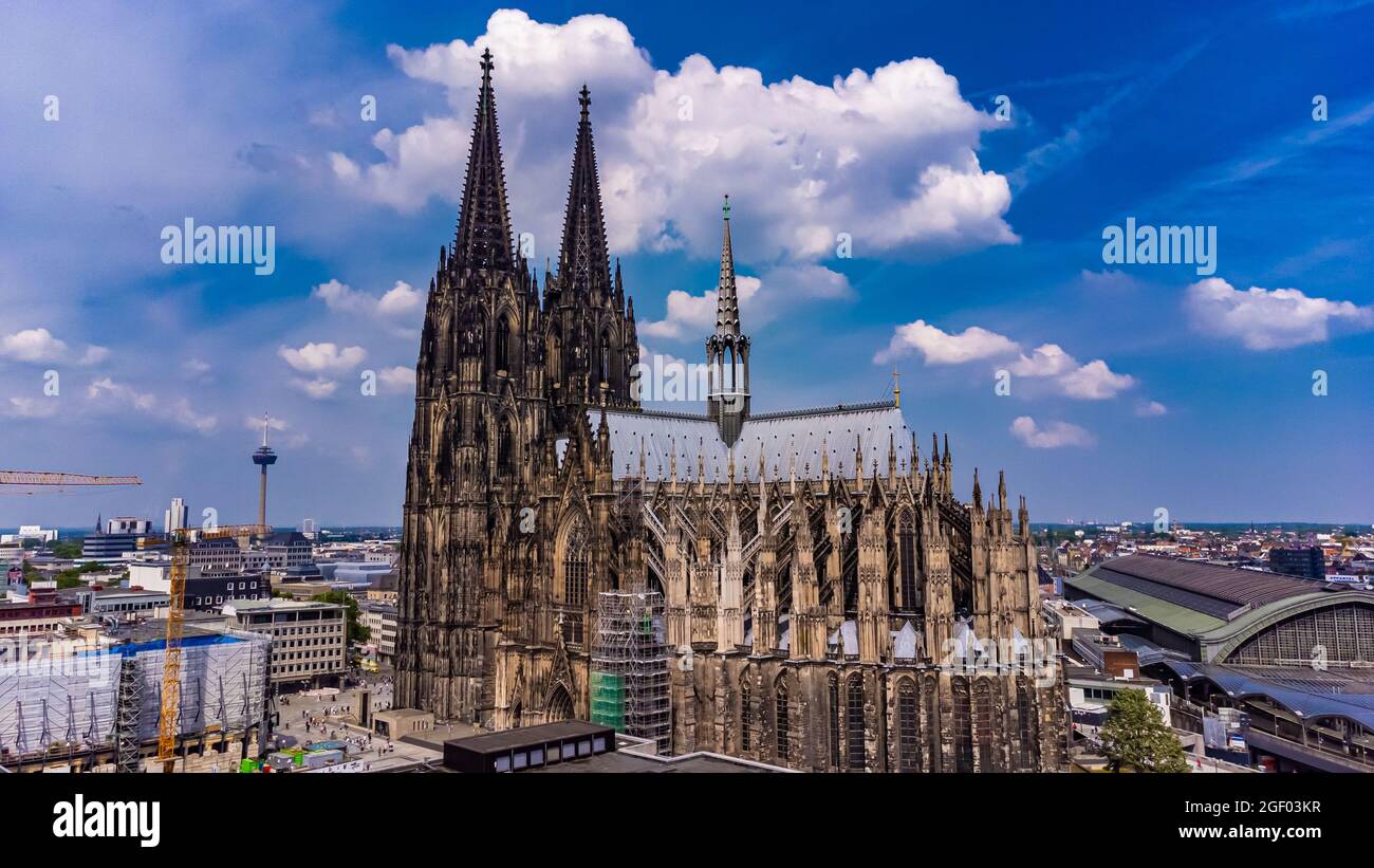 Cologne Cathedral - the iconic church in the city center - aerial view ...