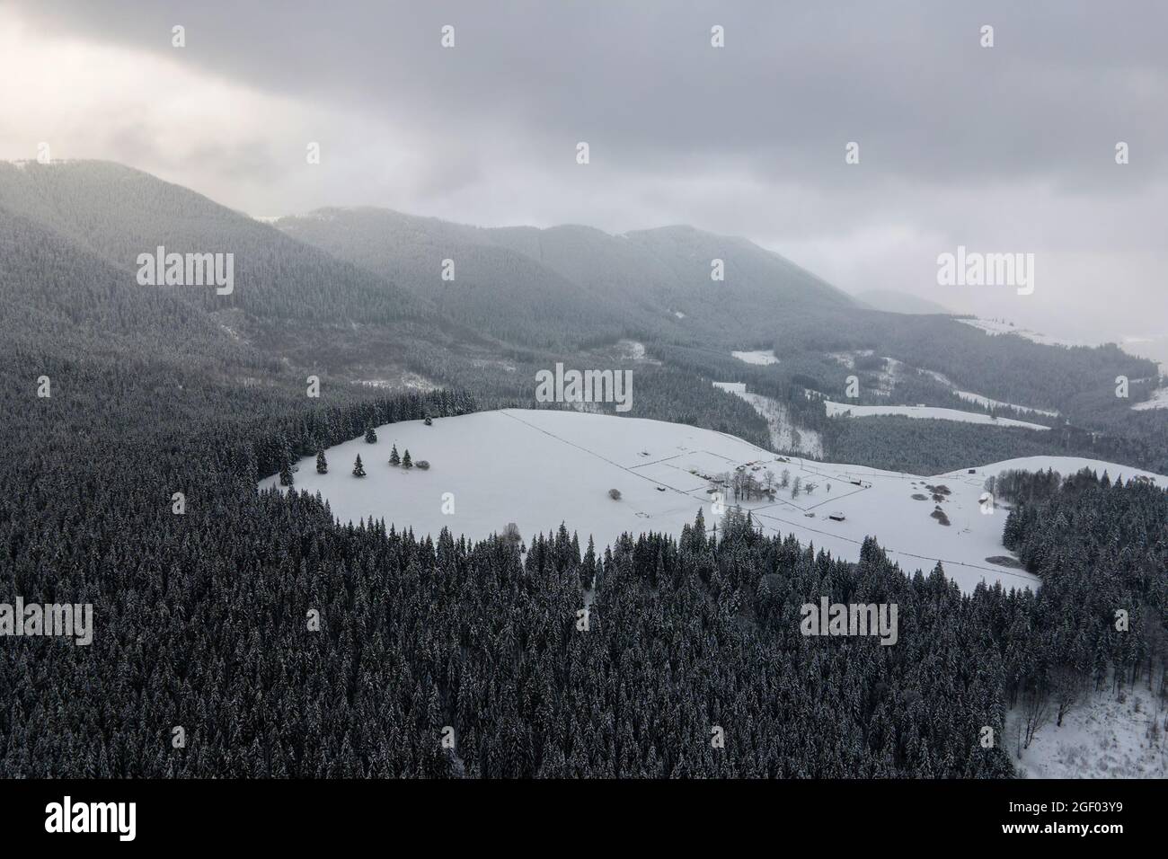 Aerial winter landscape with small rural houses between snow covered ...