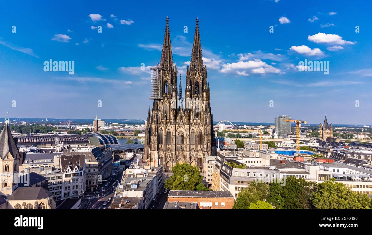 Cologne Cathedral - the iconic church in the city center - aerial view ...