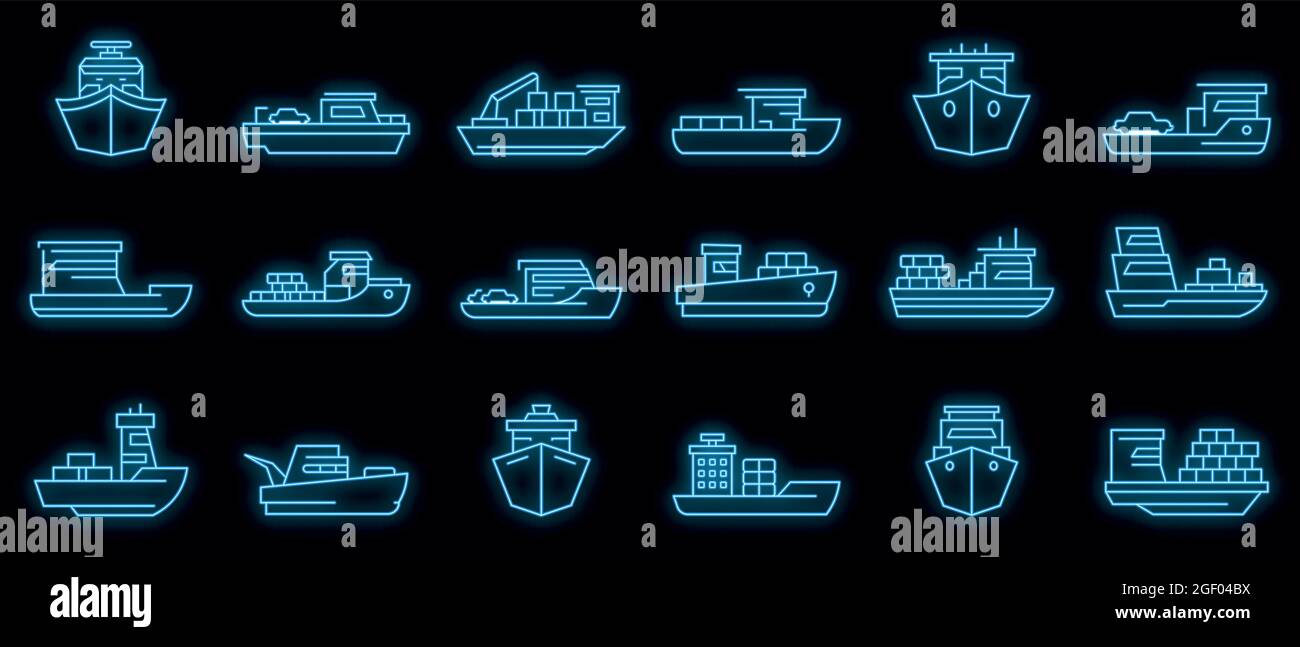Ferry icons set. Outline set of ferry vector icons neon color on black ...