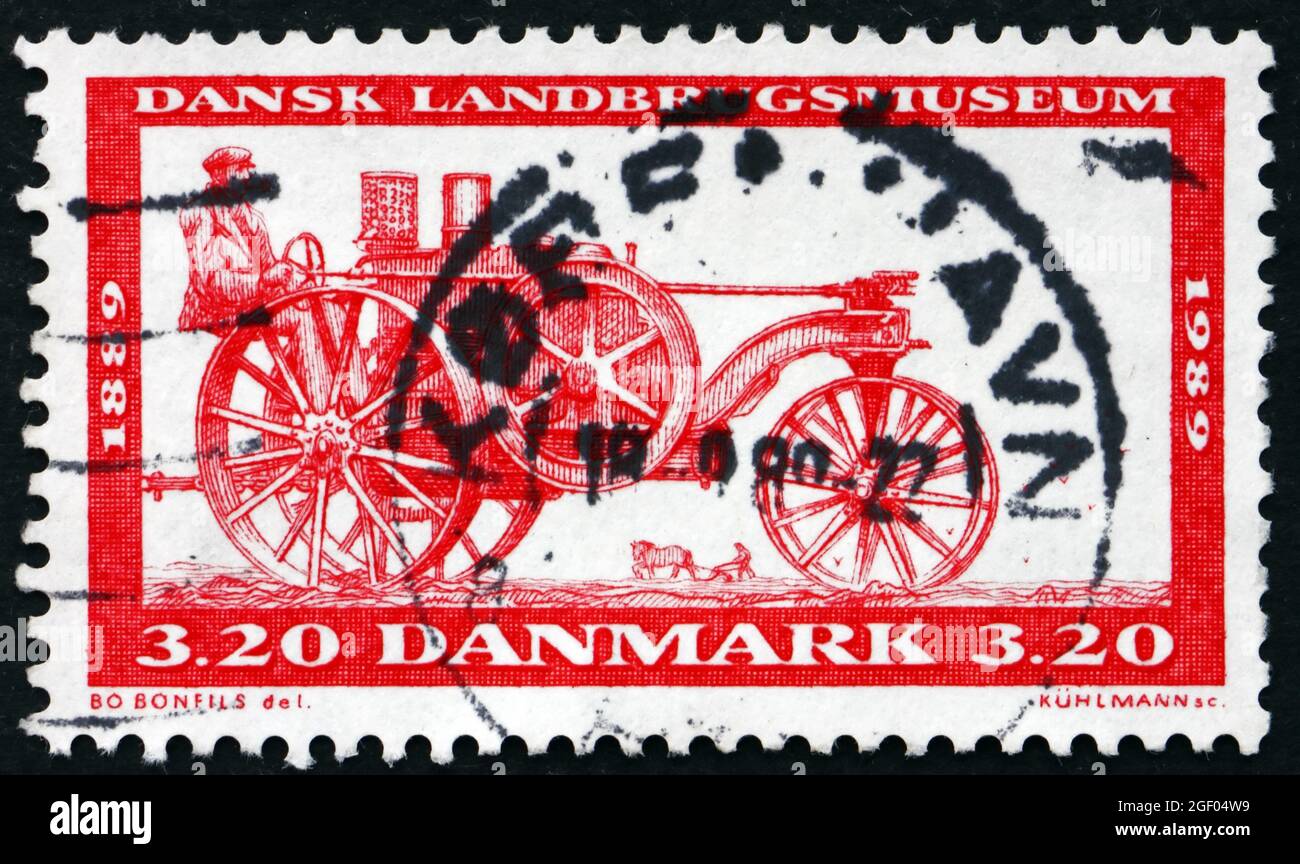 DENMARK - CIRCA 1989: a stamp printed in Denmark shows Tractor, 1889 ...