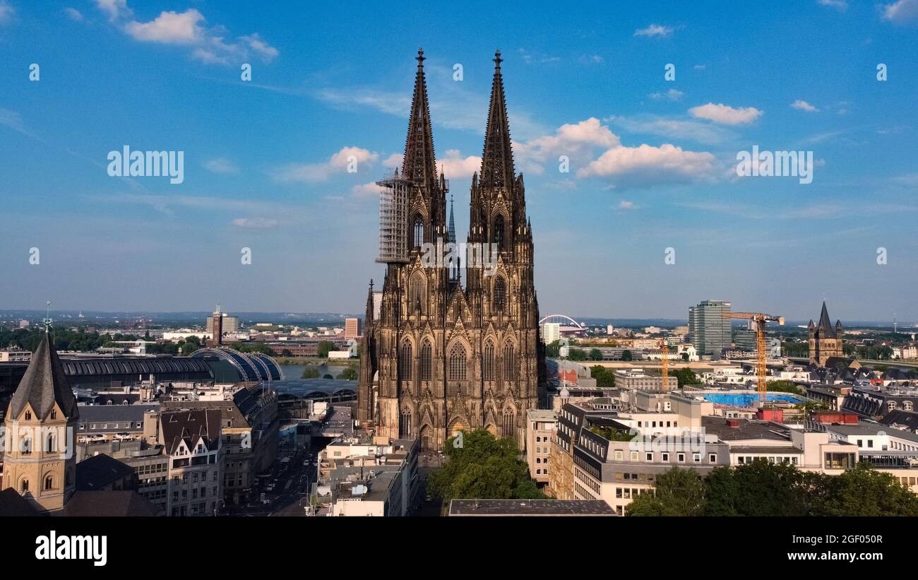 Cologne Cathedral - the iconic church in the city center - aerial view ...