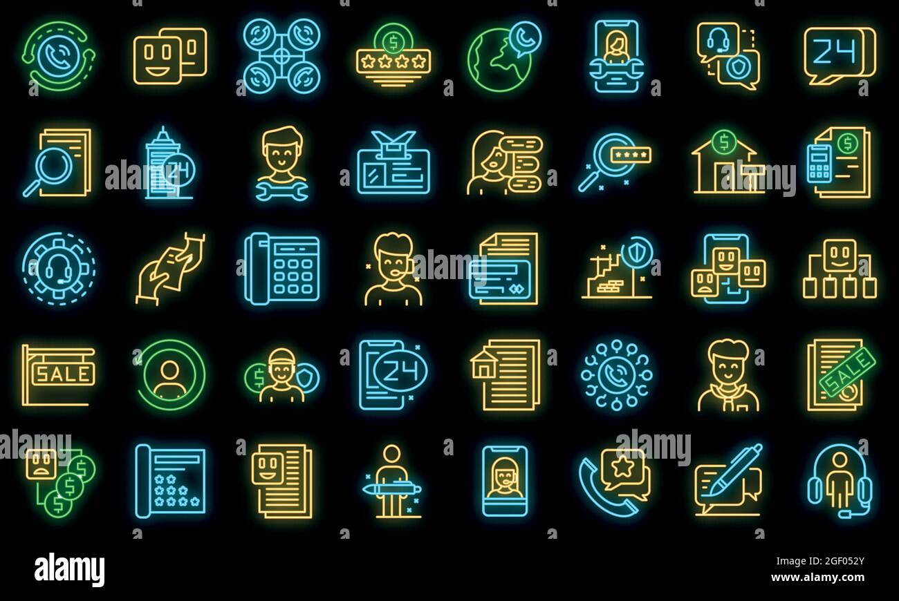 Agent icons set. Outline set of agent vector icons neon color on black ...