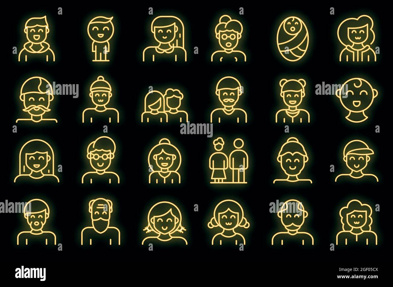 Generation icons set. Outline set of generation vector icons neon color ...