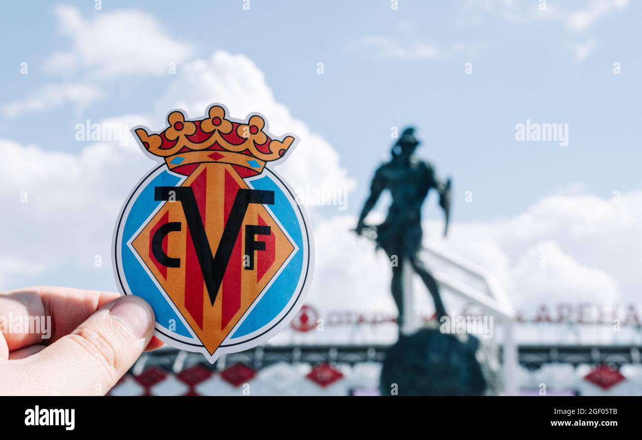 June 14, 2021 Villarreal, Spain. The emblem of the football club ...