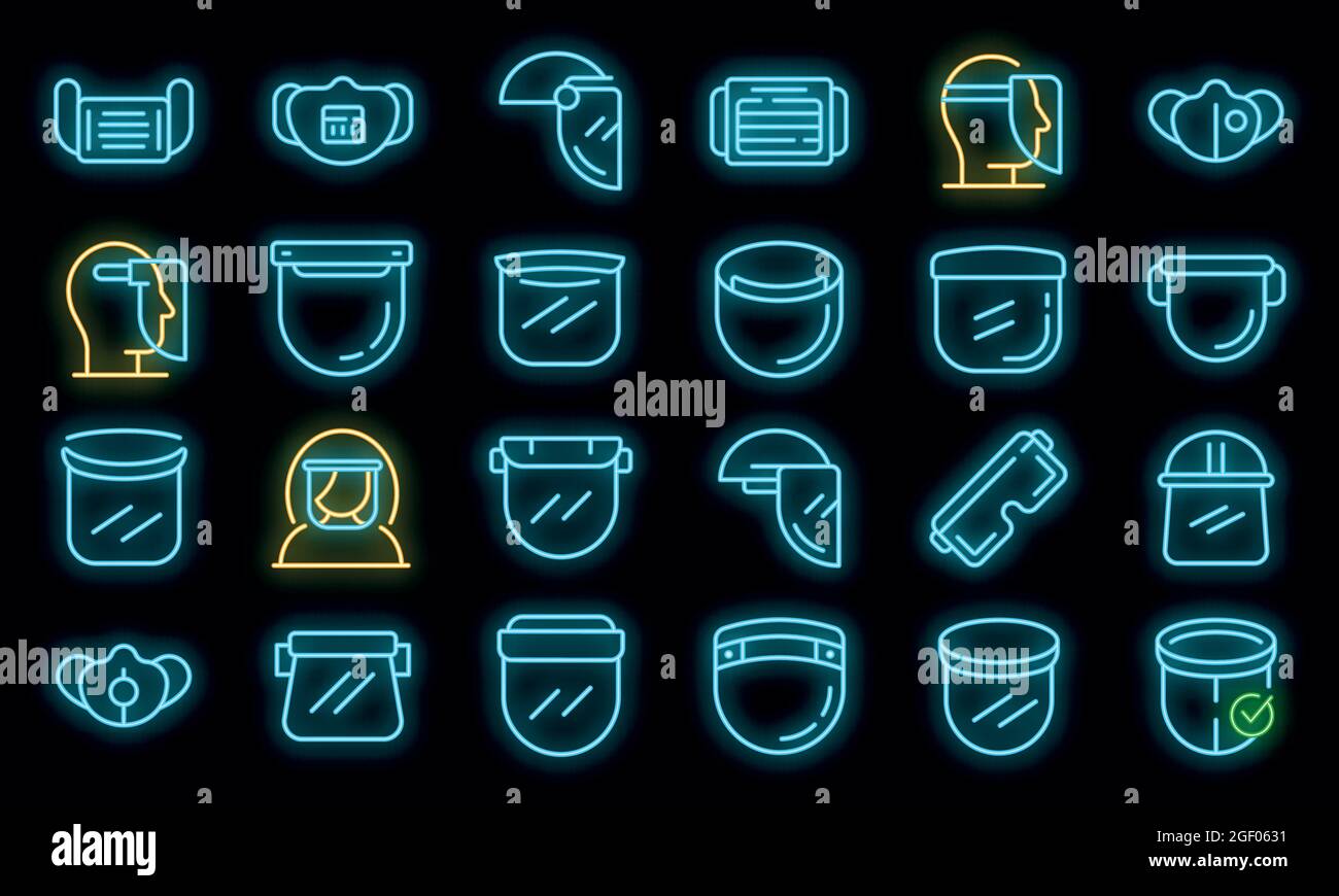 Face shield icons set. Outline set of face shield vector icons neon ...