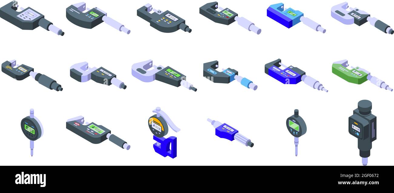 Digital micrometer icons set isometric vector. Ruler caliper ...