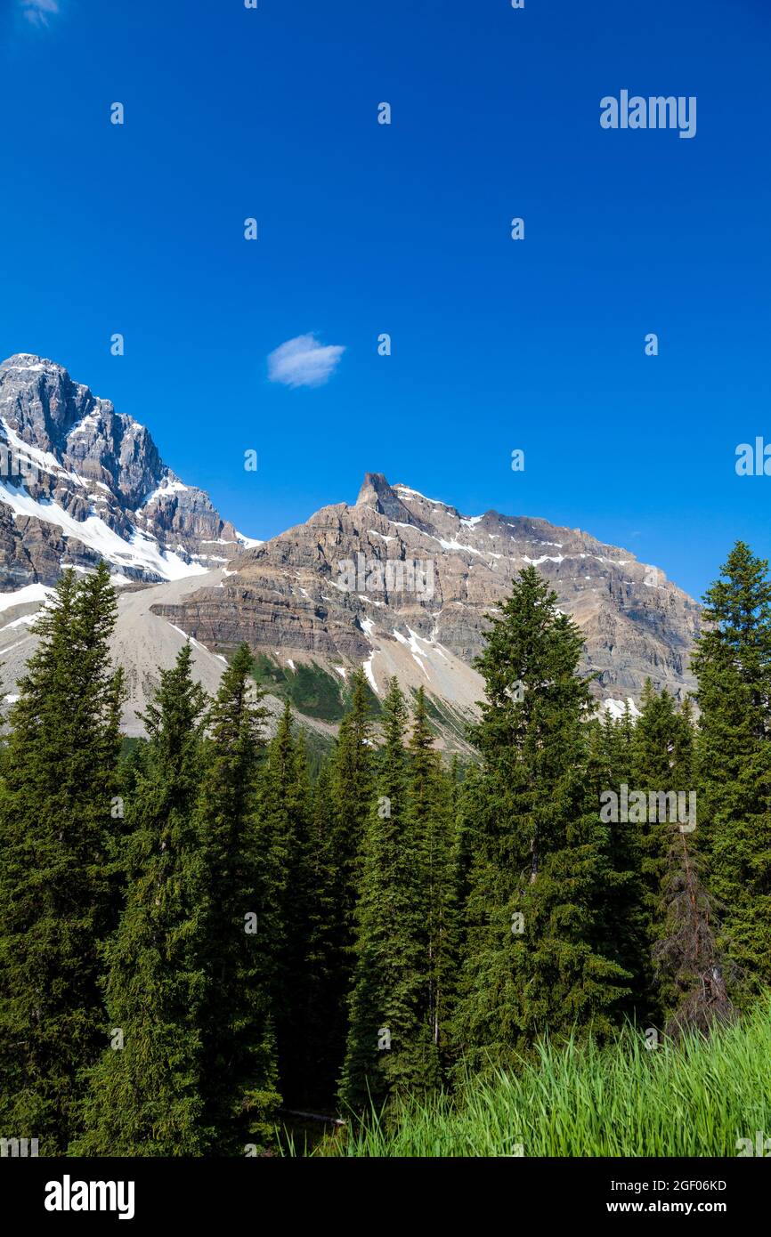 View of snow clad mountains in the Banff National Park region of ...