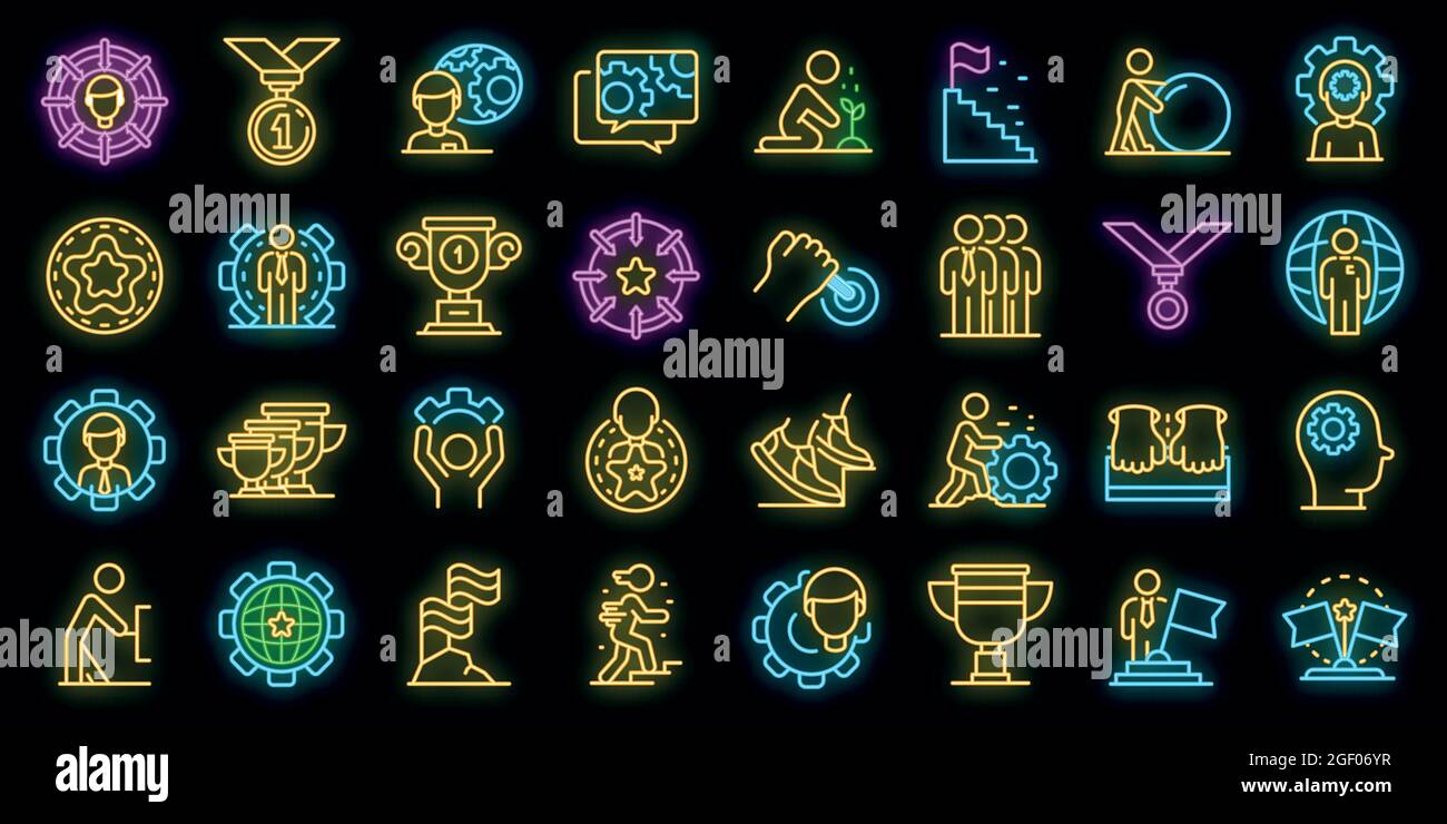 Effort icons set. Outline set of effort vector icons neon color on ...